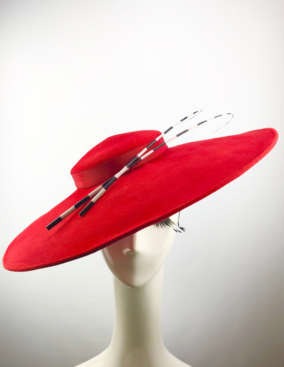 Red Felt Hat with Black and White Quill Accents – Marilyn Van den Berg